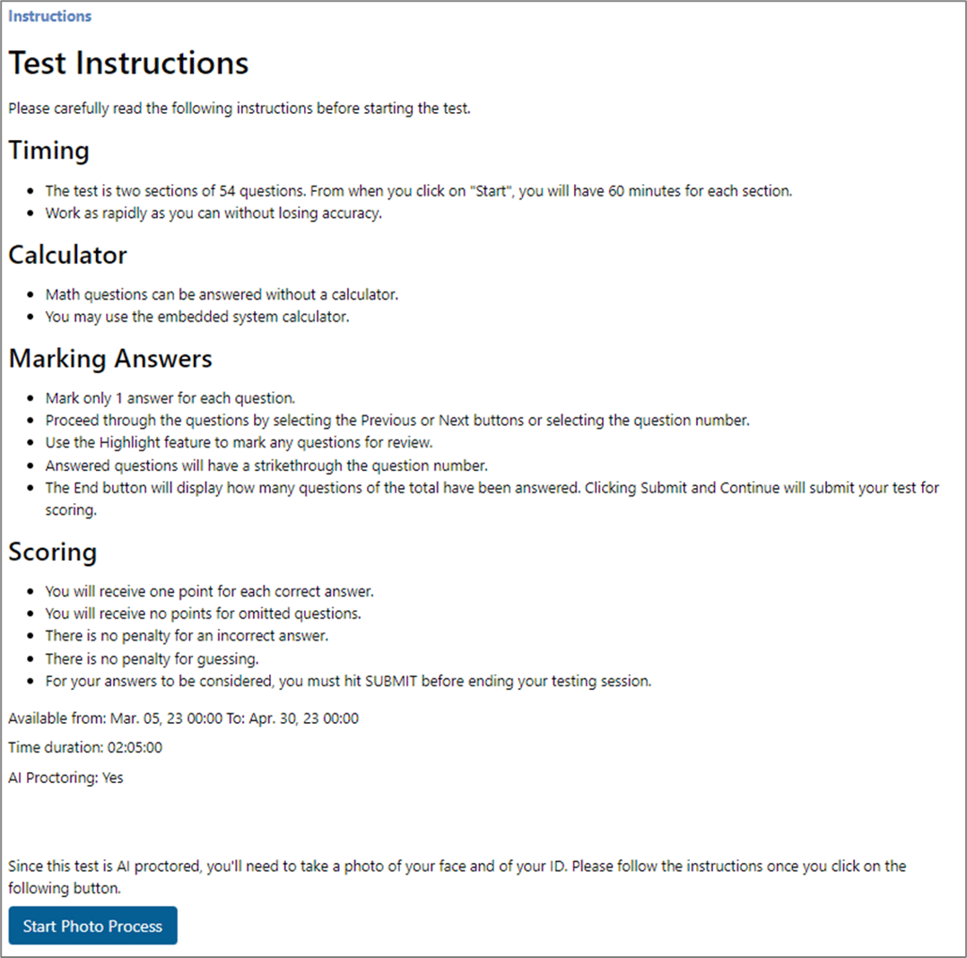 AI Proctored Assessments: student instructions